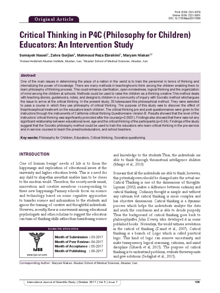 Critical Thinking in P4C (Philosophy For Children) Educators An ...