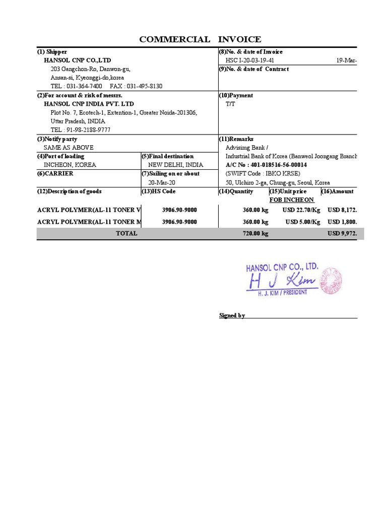 2020.03.20 - invoice - AIR - $9,972 - 복사본 | PDF | Trade