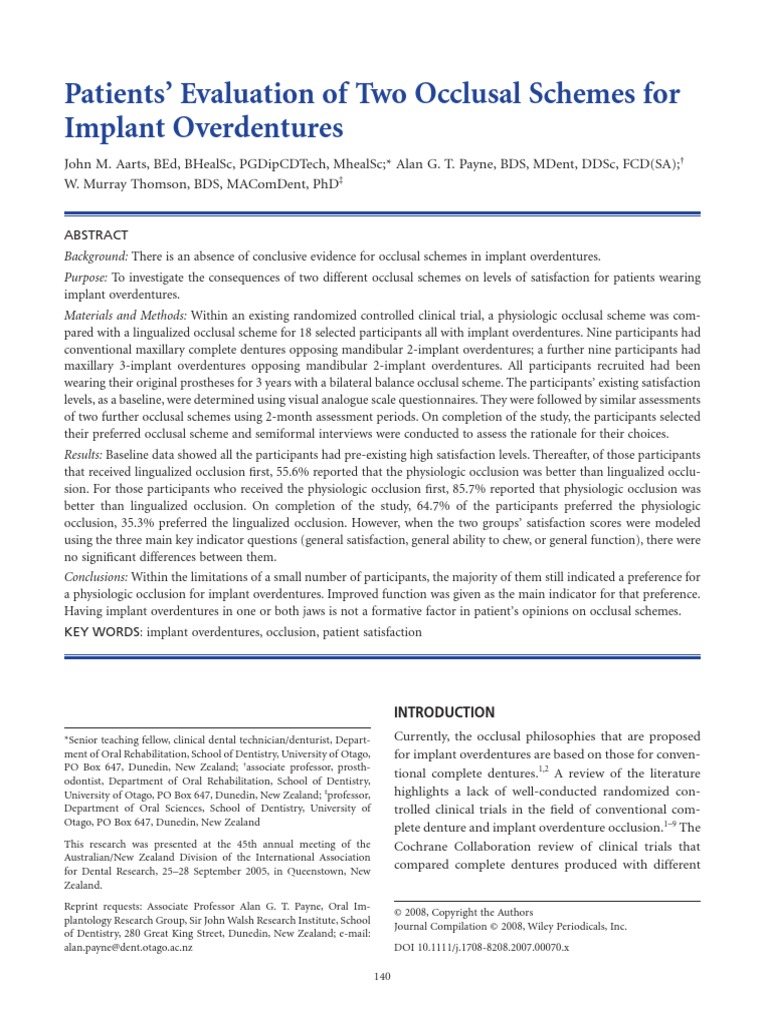 Patients' Evaluation of Two Occlusal Schemes For Implant Overdentures ...