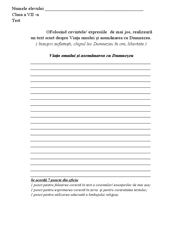 Test Clasa A Vii - A - Viața Omului Și Asemănarea Cu Dumnezeu | PDF