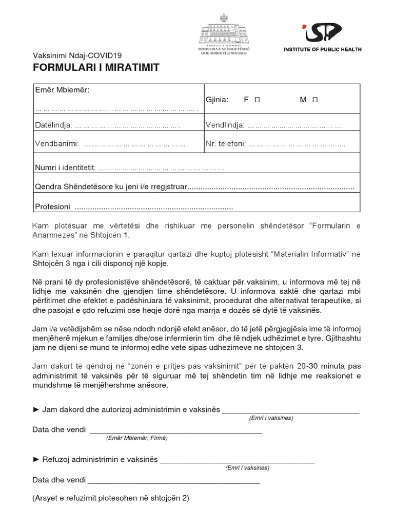 Formulari I Miratimit Per Vaksinen Astrazeneca - Shtojca 1 Dhe 2 | PDF