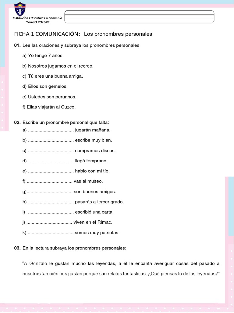 Ficha de Trabajo: Pronombres Personales | PDF