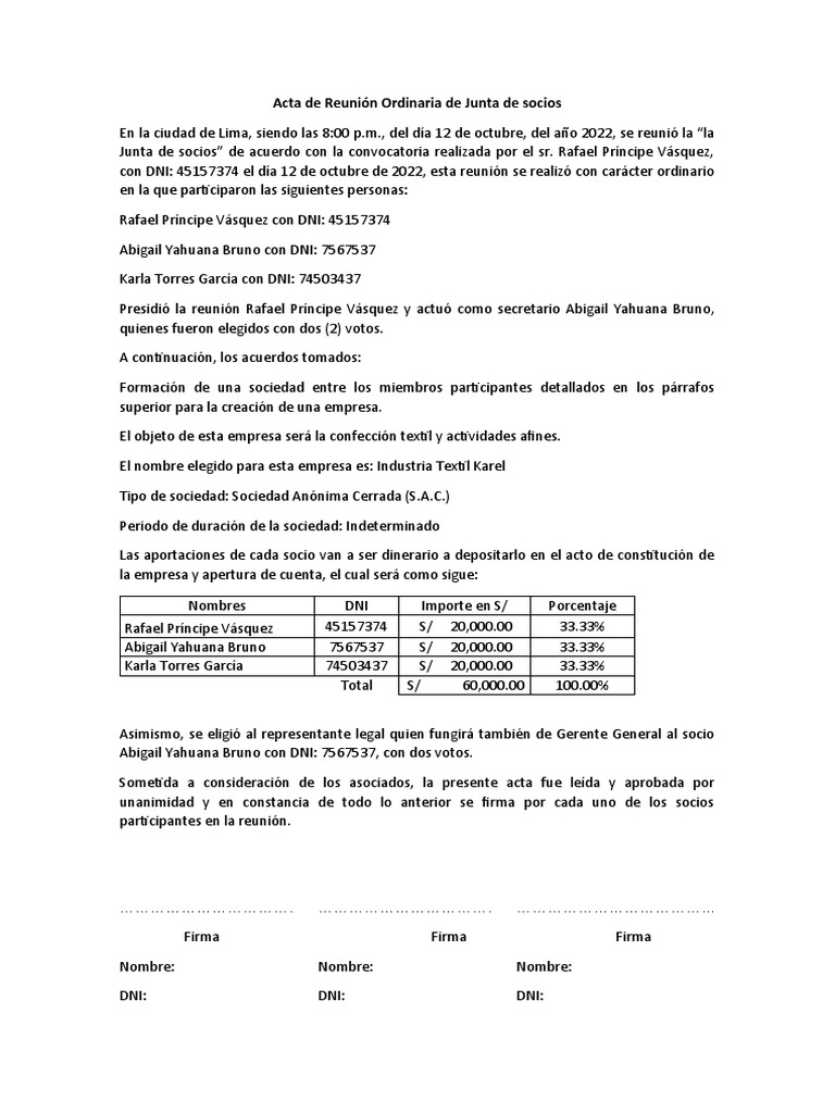 Acta de Reunión Ordinaria de Junta de Socios | PDF