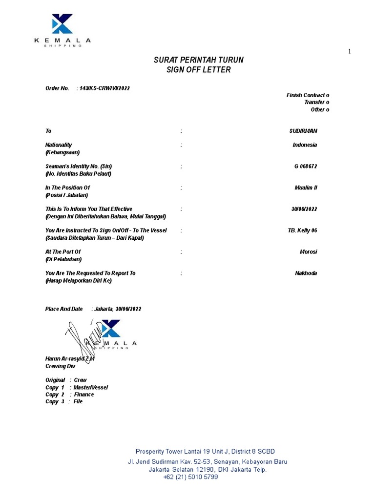 SIGN OFF - TB. Kelly 06 - Mualim II - SUDIRMAN | PDF