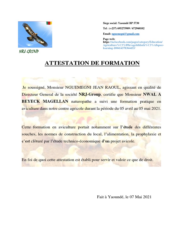 Attestation de formation en aviculture | PDF | Évolution de carrière ...