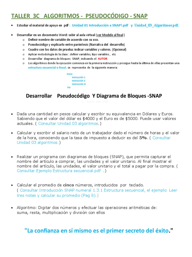 Taller 3C Algoritmos-Pseudocodigo-Snap | PDF | Algoritmos | Sustracción