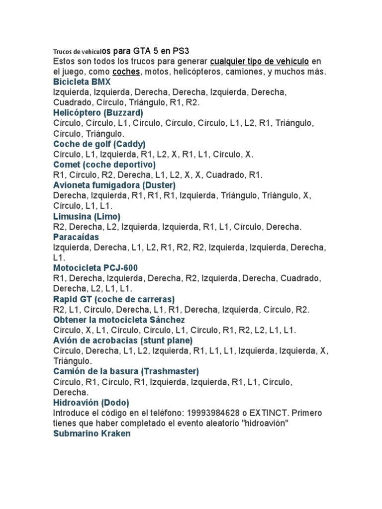 Trucos de Vehículos para GTA 5 en PS3 | PDF