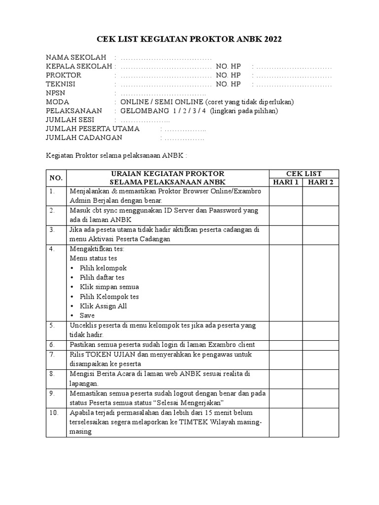 Cek List Kegiatan Proktor Anbk 2022 | PDF