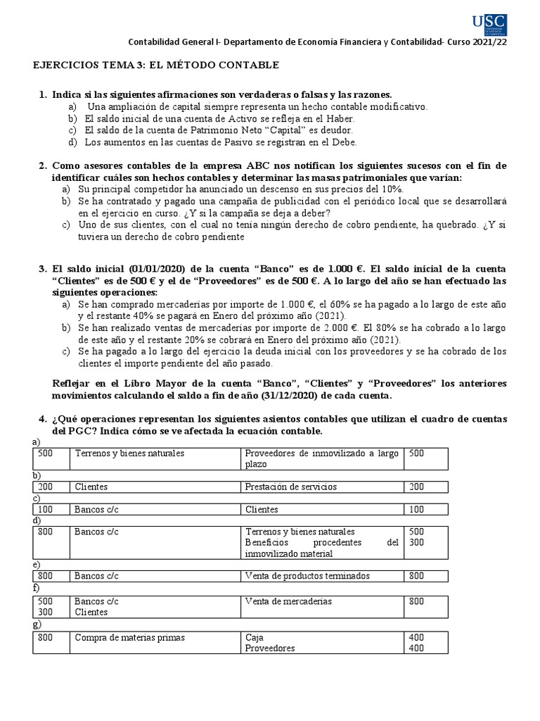 Ejercicios Tema 3 2021.22 | PDF | Contabilidad | Bancos
