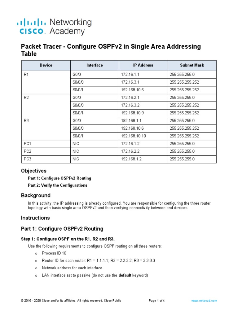 8.2.1 Packet Tracer - Configure OSPFv2 in A Single Area | PDF | Router (Computing) | Computing