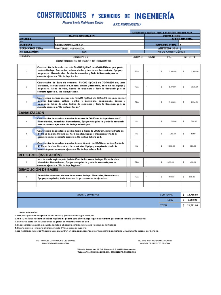 Cotización Demolición y Construcción de Bases - Semex Mty | PDF | Comercio | Economias