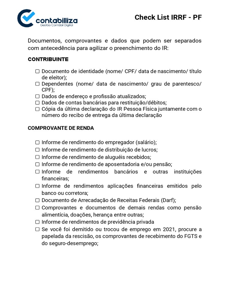 Checklist completo de documentos necessários para declaração do Imposto ...