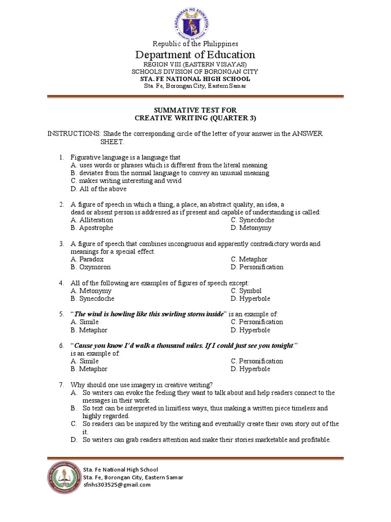 Creative Writing-Summative Test | PDF | Poetry | Epic Poetry