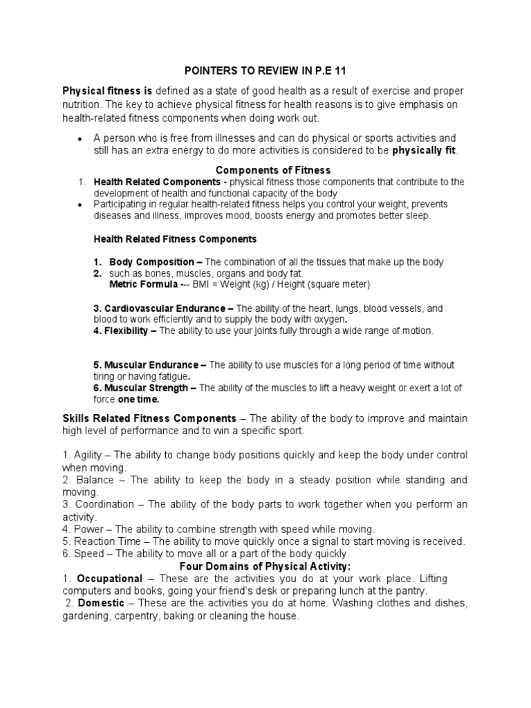 Pointers To Review in P.E 11 1 | PDF | Physical Fitness | Weight Training