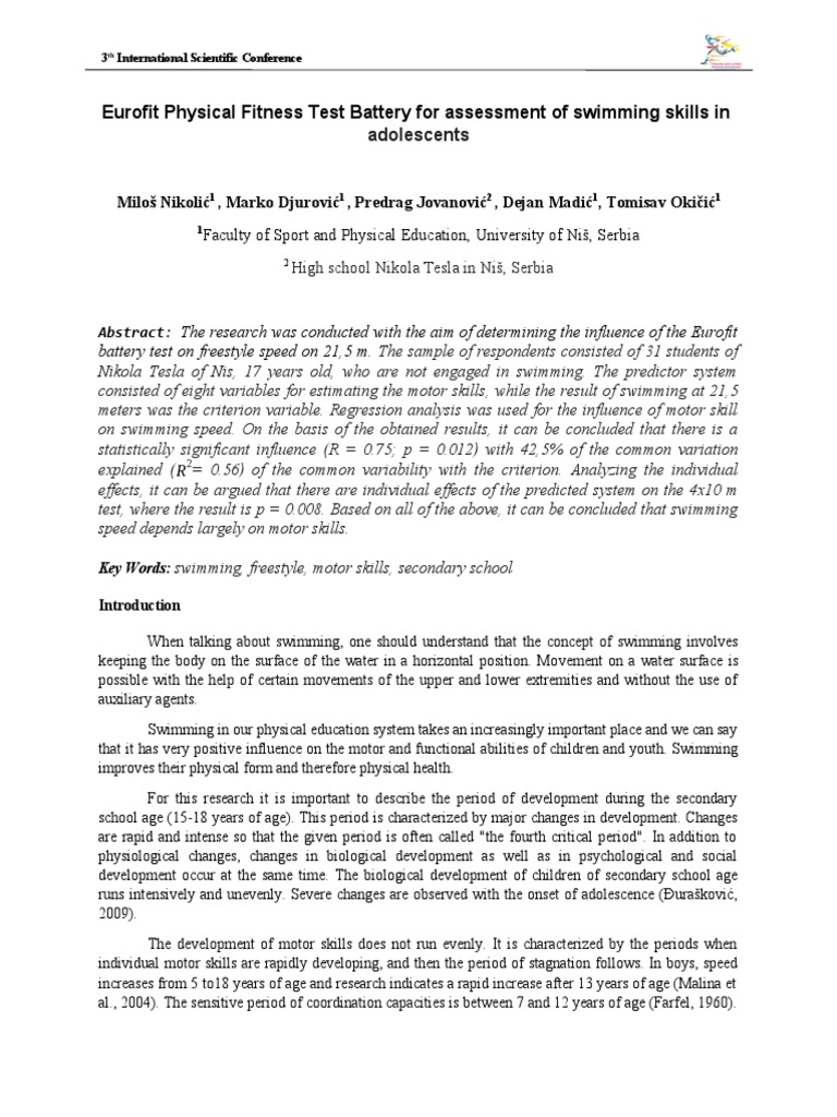 Eurofit Test Impact on Adolescent Swimming | PDF | Statistics ...