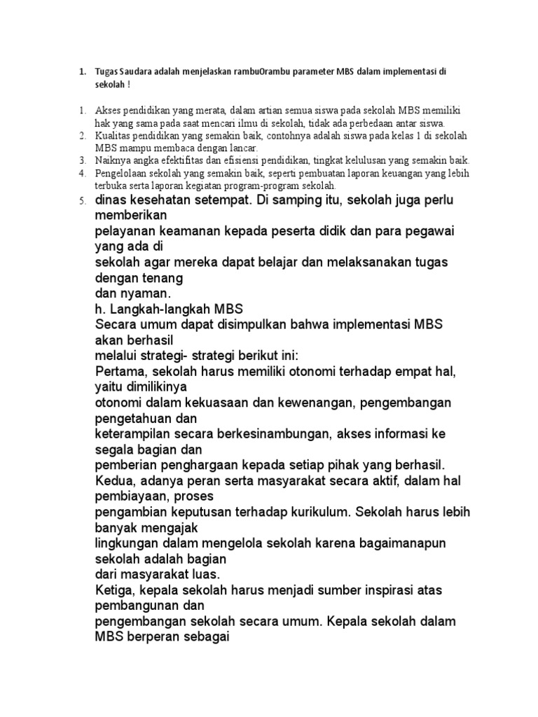 Tugas Saudara Adalah Menjelaskan Rambu0rambu Parameter MBS Dalam Implementasi Di Sekolah | PDF ...