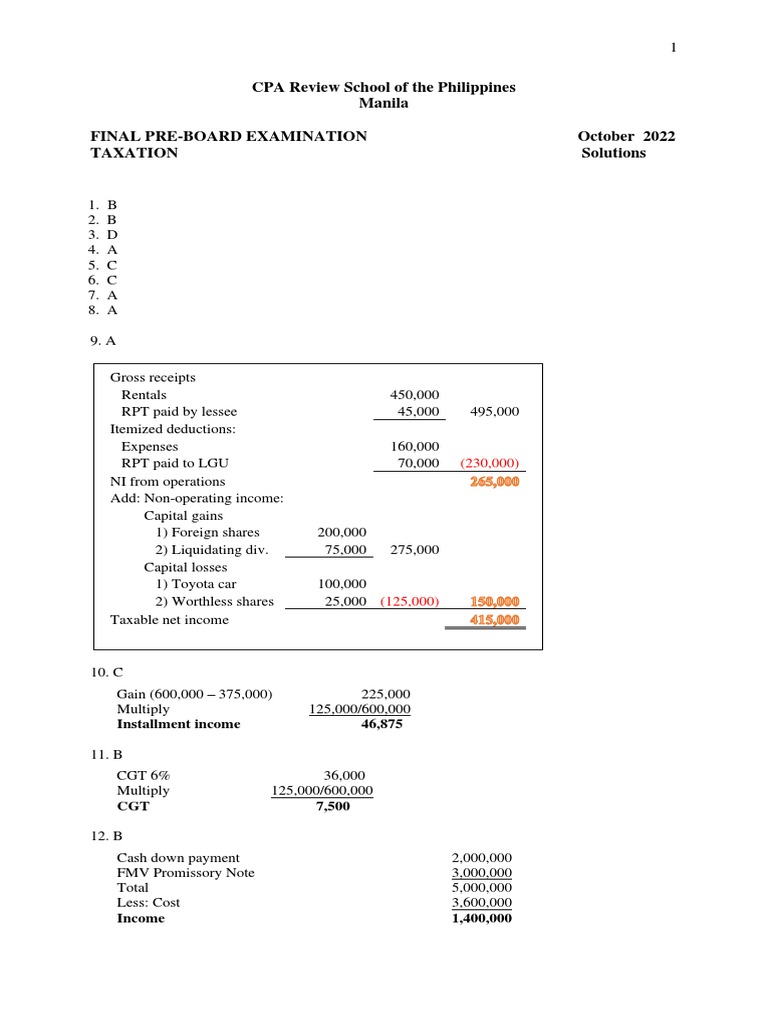 Taxation Final Pre-Board - Solutions | PDF | Tax Deduction | Value Added Tax