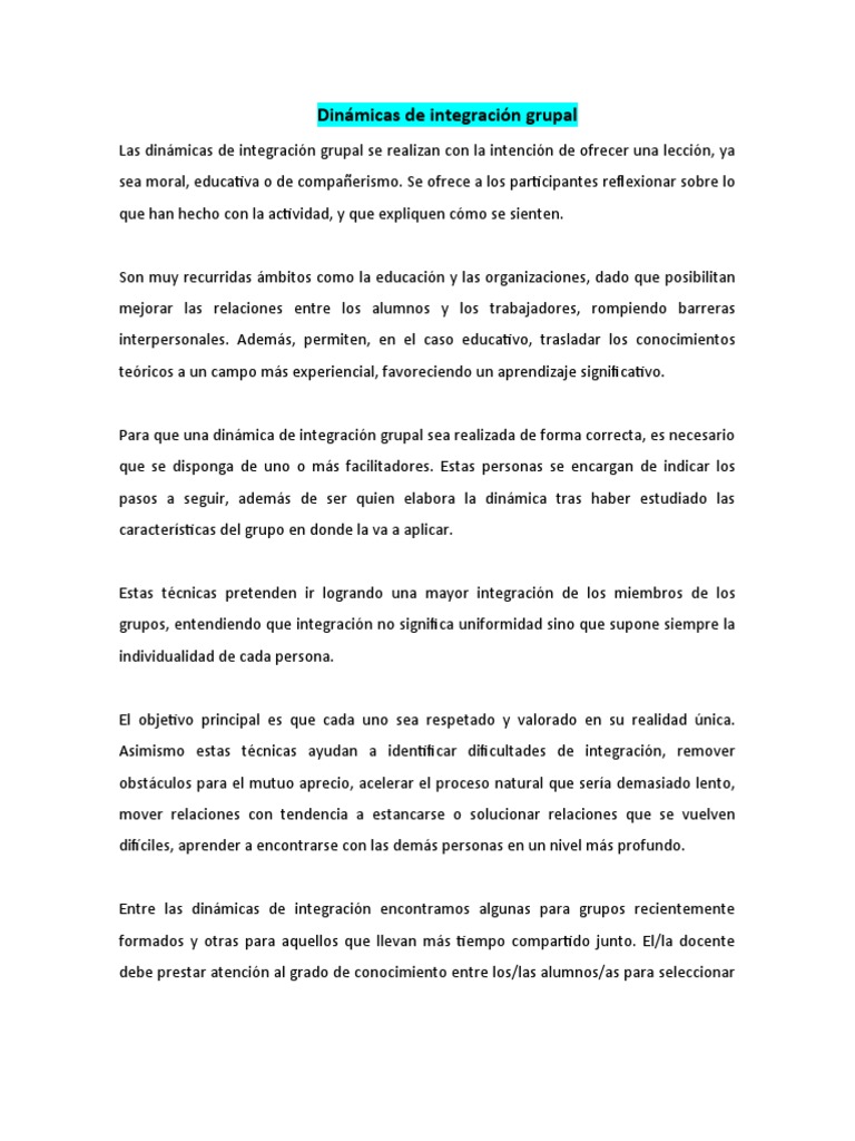 Dinámicas para la Integración Grupal | PDF | Aprendizaje | Modificación ...