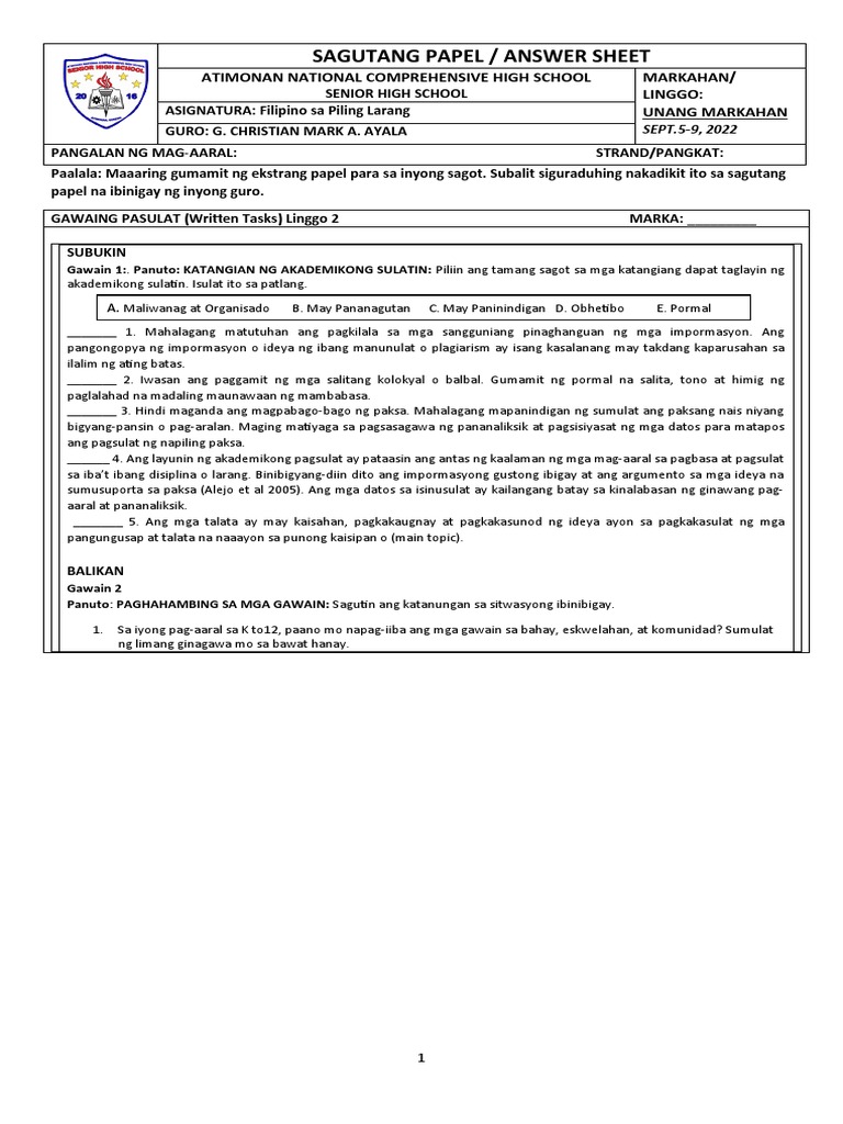 Shs-As-Fpl Week-3 | PDF