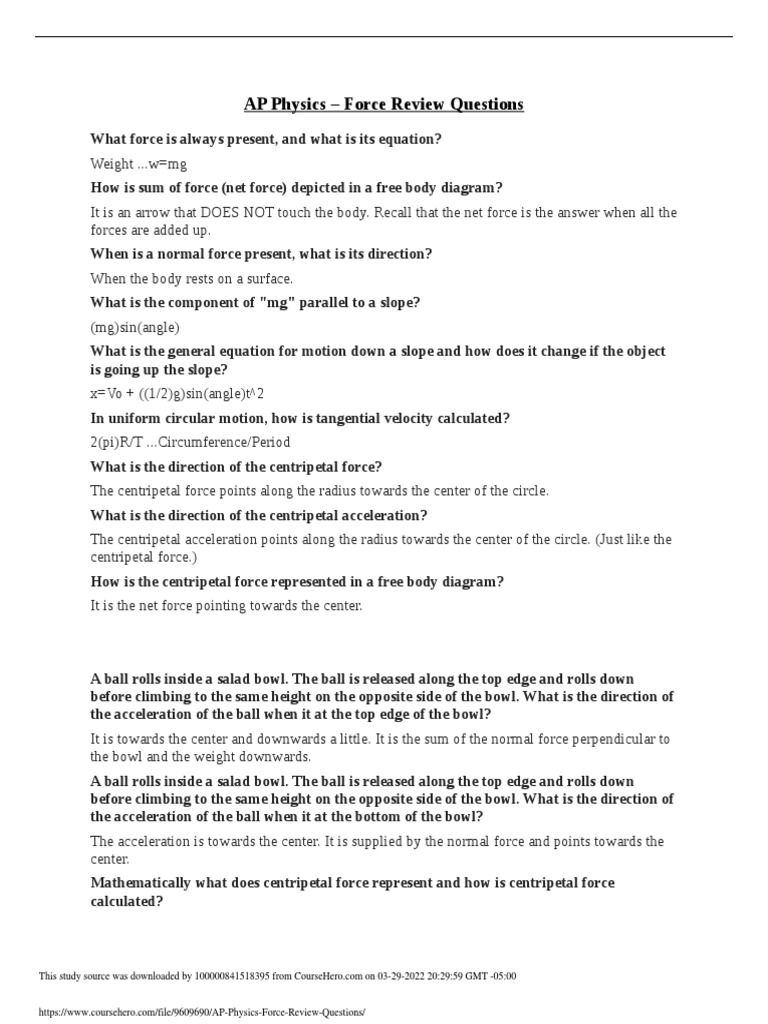 AP Physics Force Review Questions | PDF | Force | Acceleration