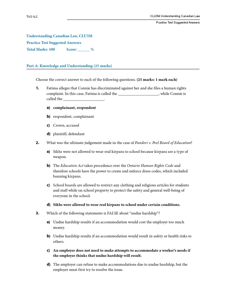 CLU3M Practice Test Suggested Answers 1 PDF | PDF | Duty Of Care ...