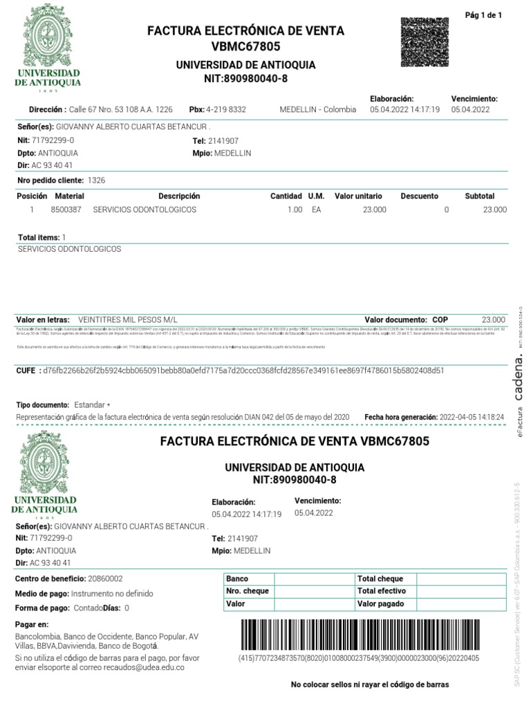 Factura Electrónica UdeA NIT 890980040 | PDF | Bancario | Tecnología ...