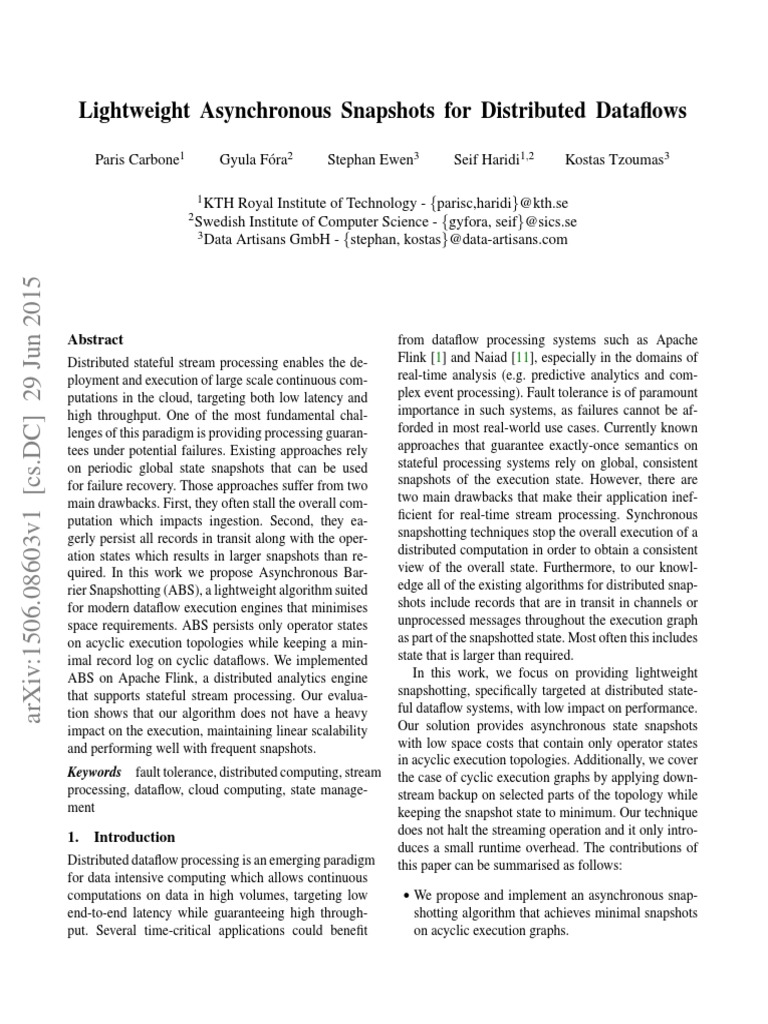 Lightweight Asynchronous Snapshots For Distributed Dataflows Flink Pdf Computing 