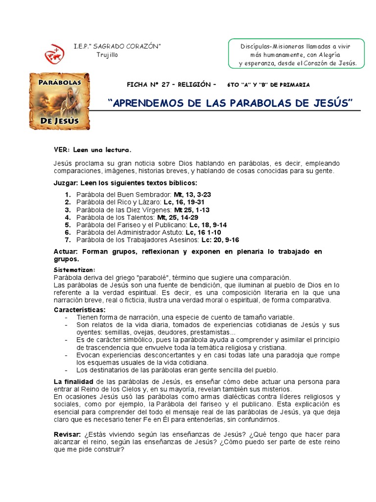 Ficha de Las Parabolas de Jesus - 6to Grado de Primaria. | PDF | Parábolas de Jesús | Jesús