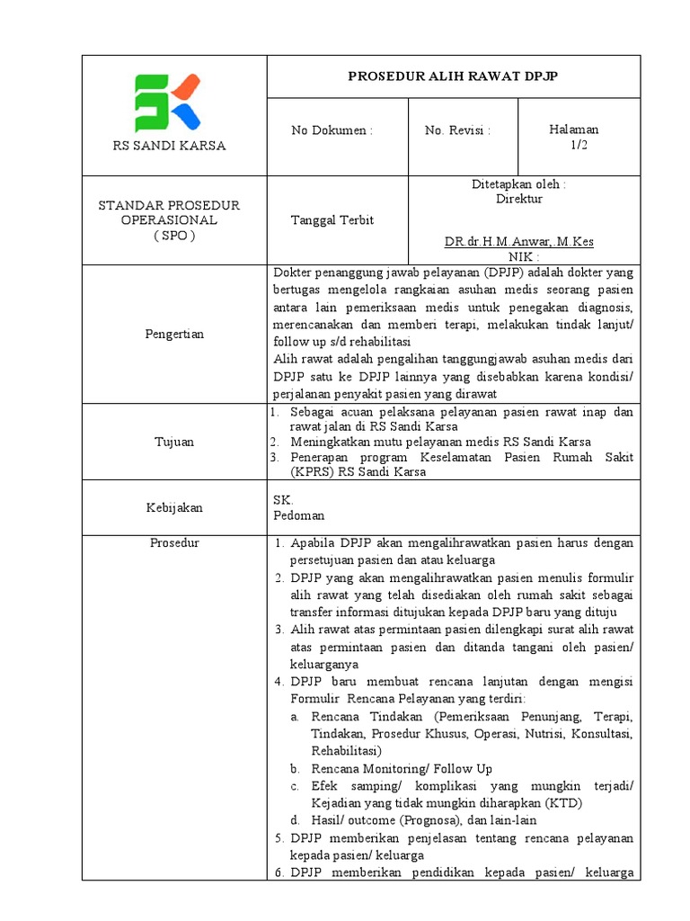 Spo Alih Rawat DPJP | PDF