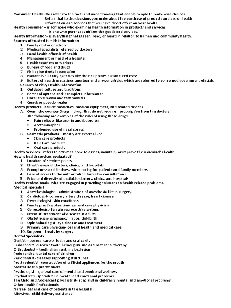 Consumer Health Q1 Lecture | PDF | Health Professional | Physician