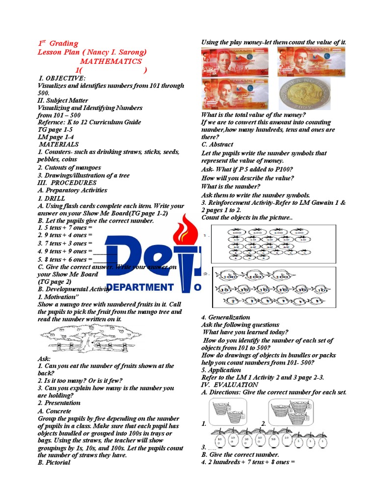 Math Lesson Plan 1st Grading | PDF | Numbers | Mathematics