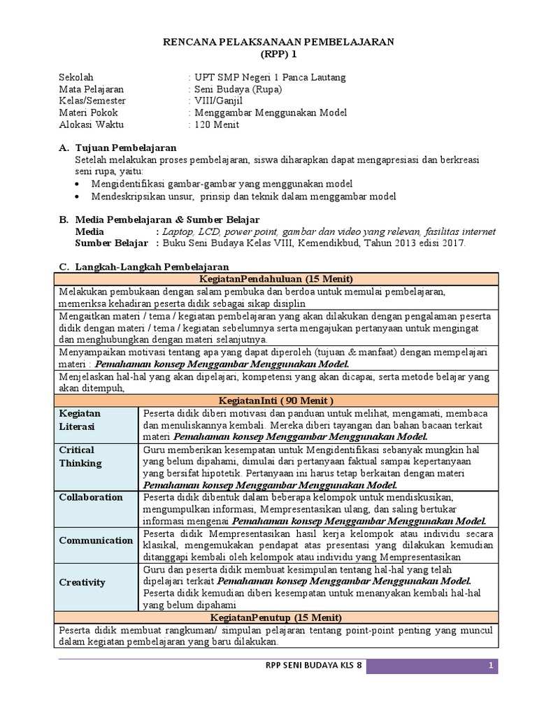 RPP Seni Budaya Kls 8 (1 LBR) - 1 | PDF