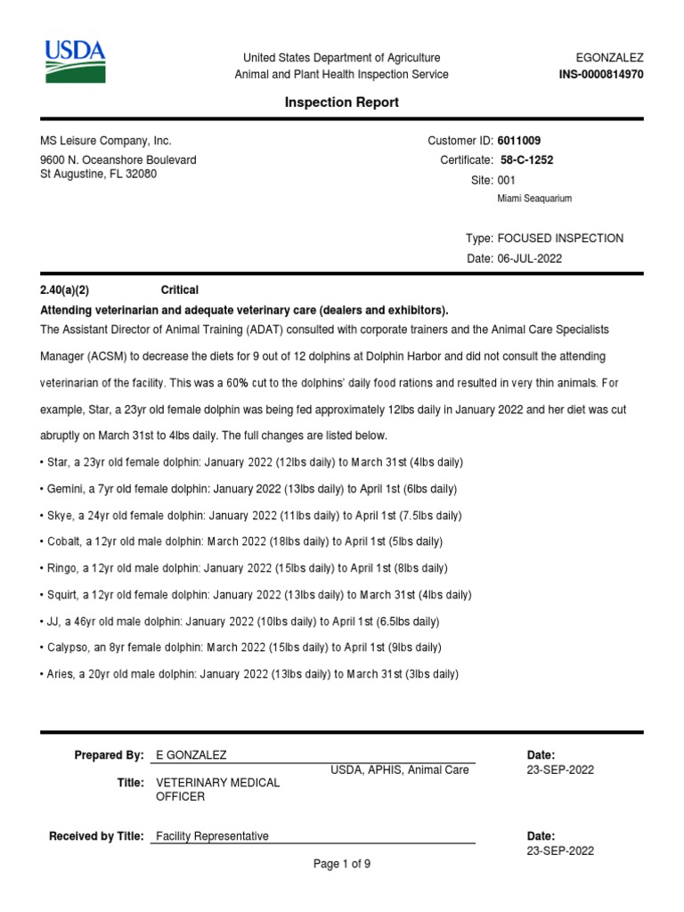 USDA Inspection On Miami Seaquarium | PDF | Animal Welfare | United ...