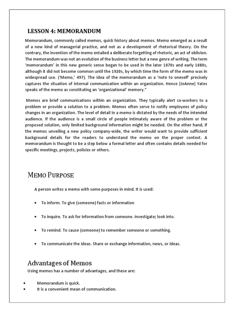 Lesson 4: Memorandum: Advantages of Memos | PDF | Memorandum | Cognition