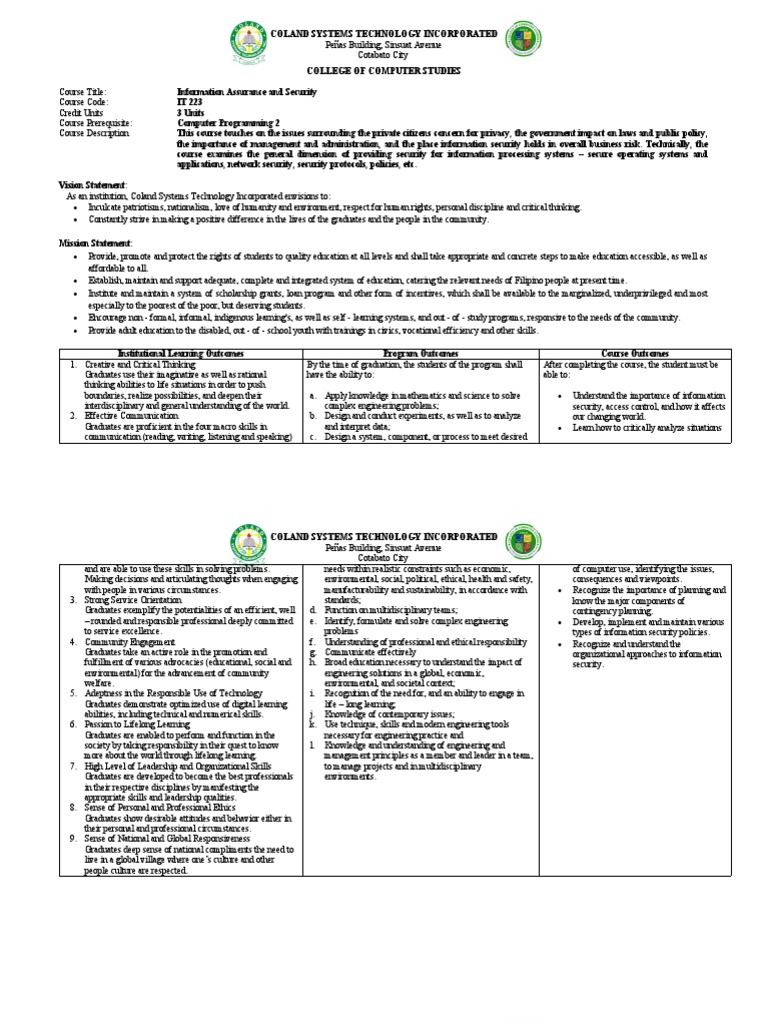 Information Assurance and Security 1 - Obe Syllabus | PDF | Computer Security | Security