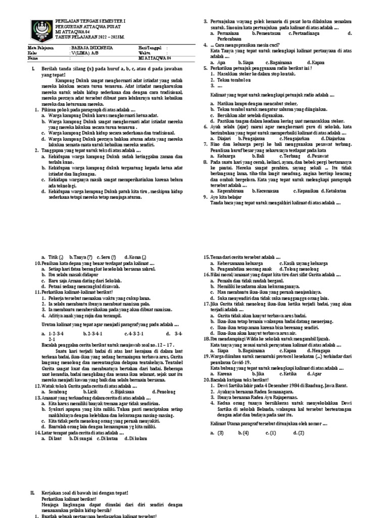 BAHASA INDONEISA Kleas 5 PTS 1 2022-2023 | PDF