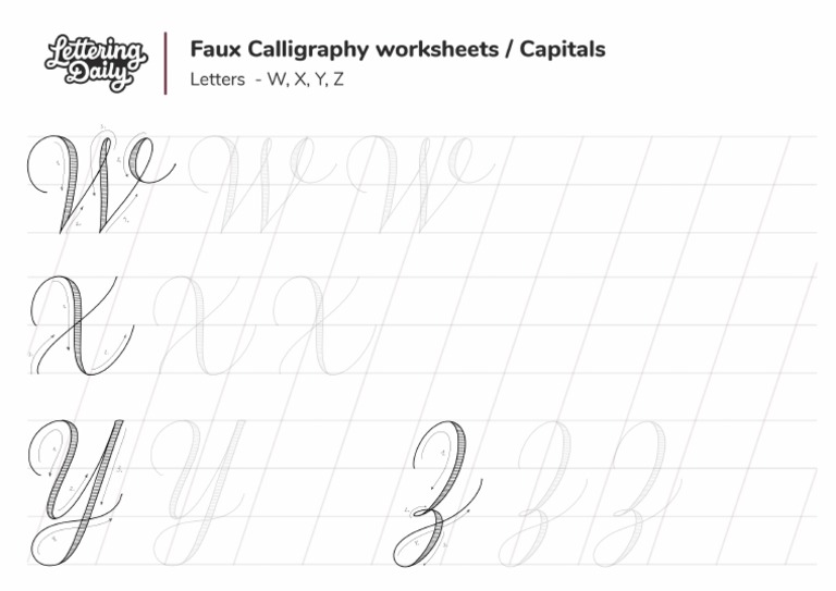 Faux Calligraphy Worksheets - Capitals 7 - W, X, Y, Z | PDF