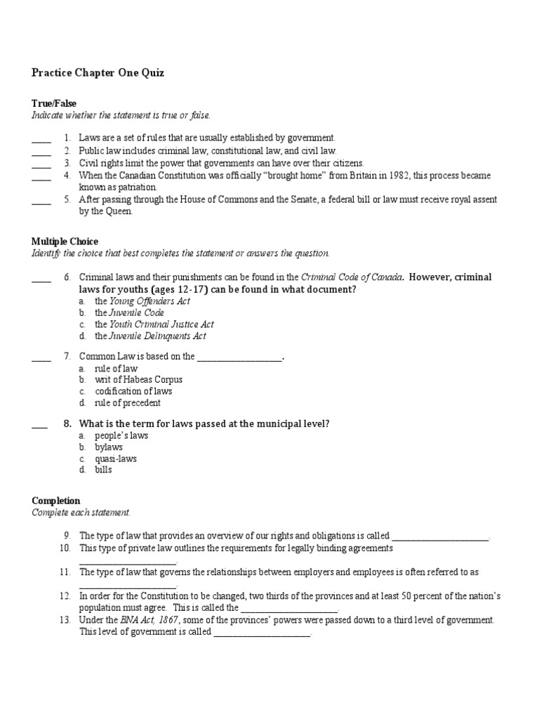 Practice Chapter One Quiz | PDF | Juvenile Delinquency | Constitution