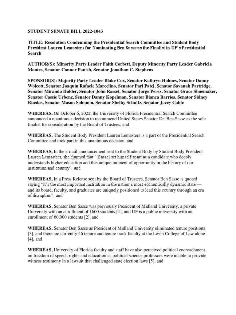 Student Senate Bill 2022 1043 Resolution Condemning The Presidential ... Student Senate Bill 2022 1043 Resolution Condemning The Presidential ...