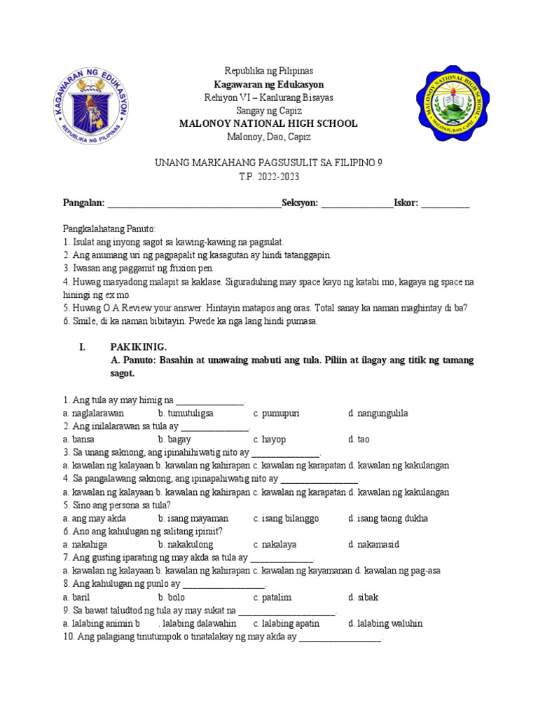 Unang Markahang Pagsusulit Sa Filipino 9 T | PDF
