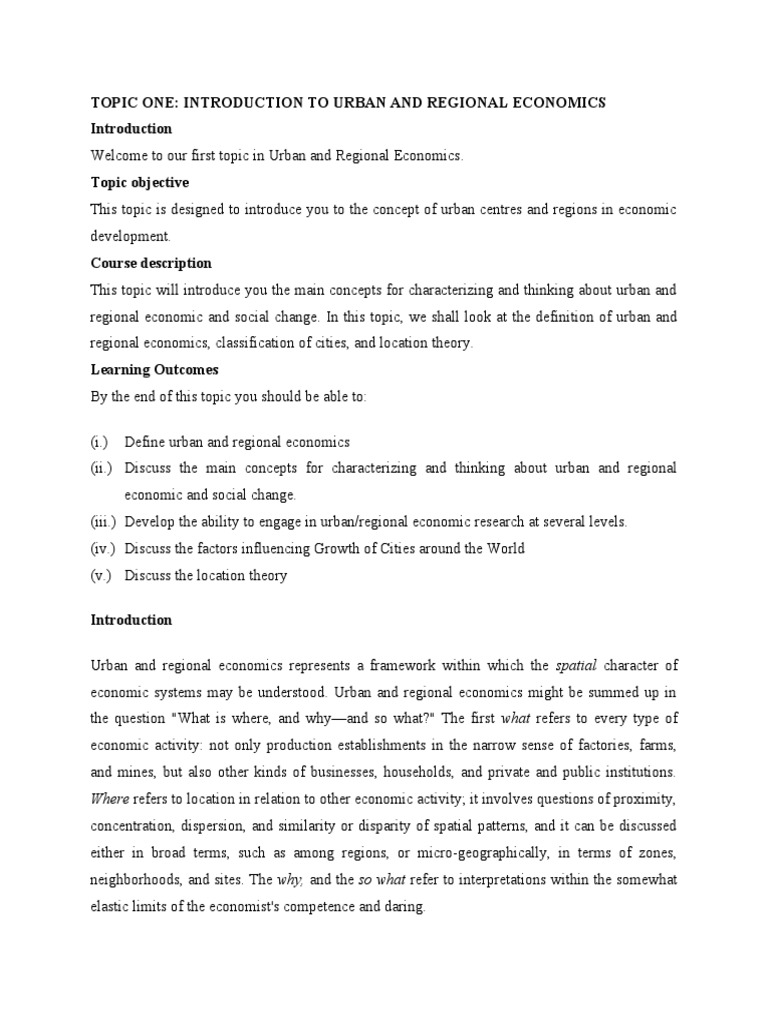 Topic 1 - Introduction To Urban and Regional Economics | PDF | City | Economics