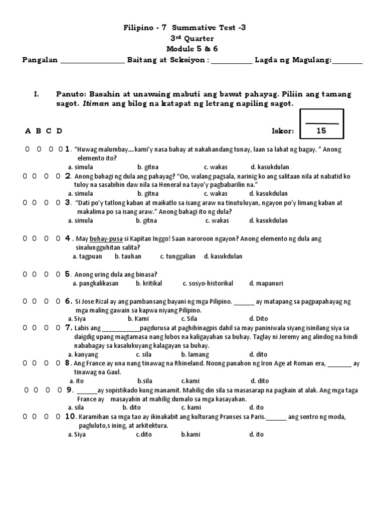 Fil7 Q3 Ikatlong-Lagumang-Pagsusulit | PDF