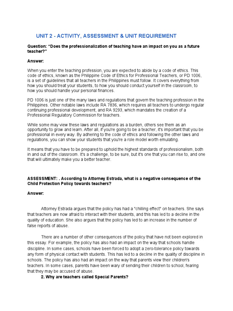 Unit 2 - Activity, Assessment & Unit Requirement | PDF | Teachers | Profession