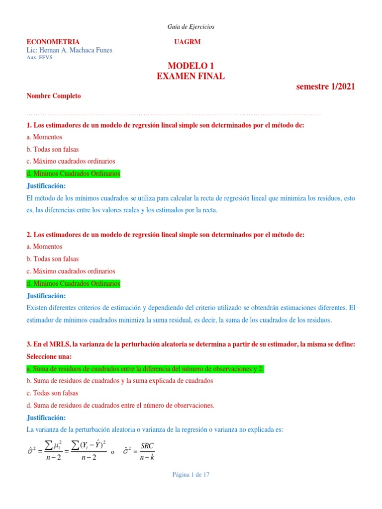 MODELO 1 Examen Final Semestre 1 2021 | PDF | Mínimos cuadrados ...