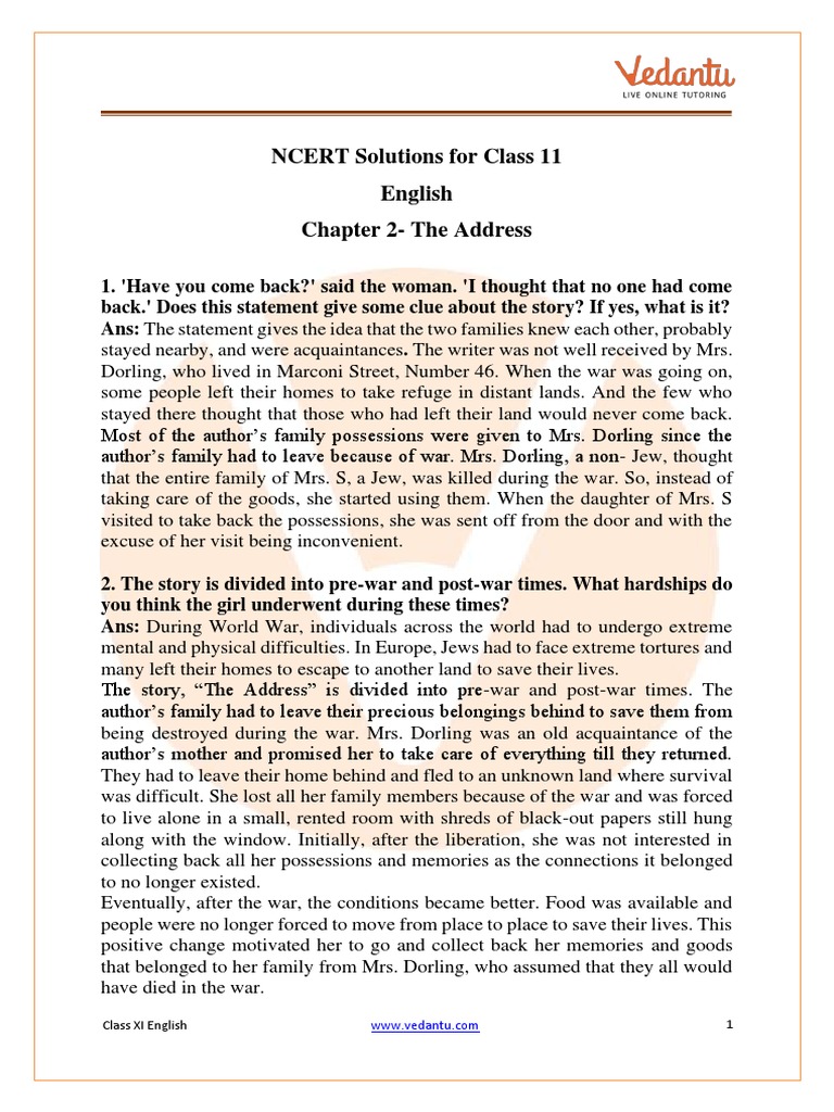 Summary of "The Address" - Class 11 | PDF | Psychology