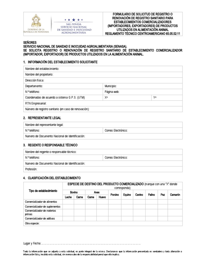 Formulario de Solicitud de Registro o Renovacion de Establecimiento Comercializador de Productos ...