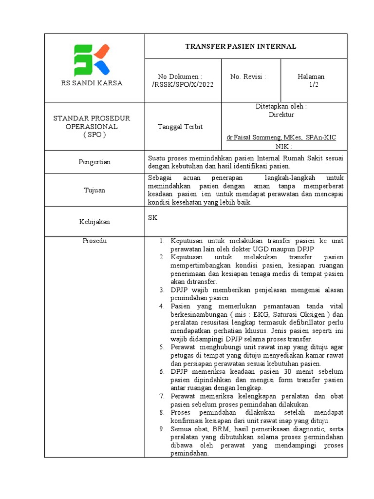 Spo Transfer Pasien Internal | PDF