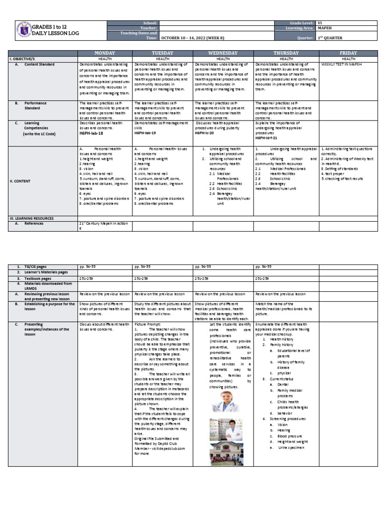 DLL - Mapeh 6 - Q1 - W8 | PDF | Health Professional | Health Care