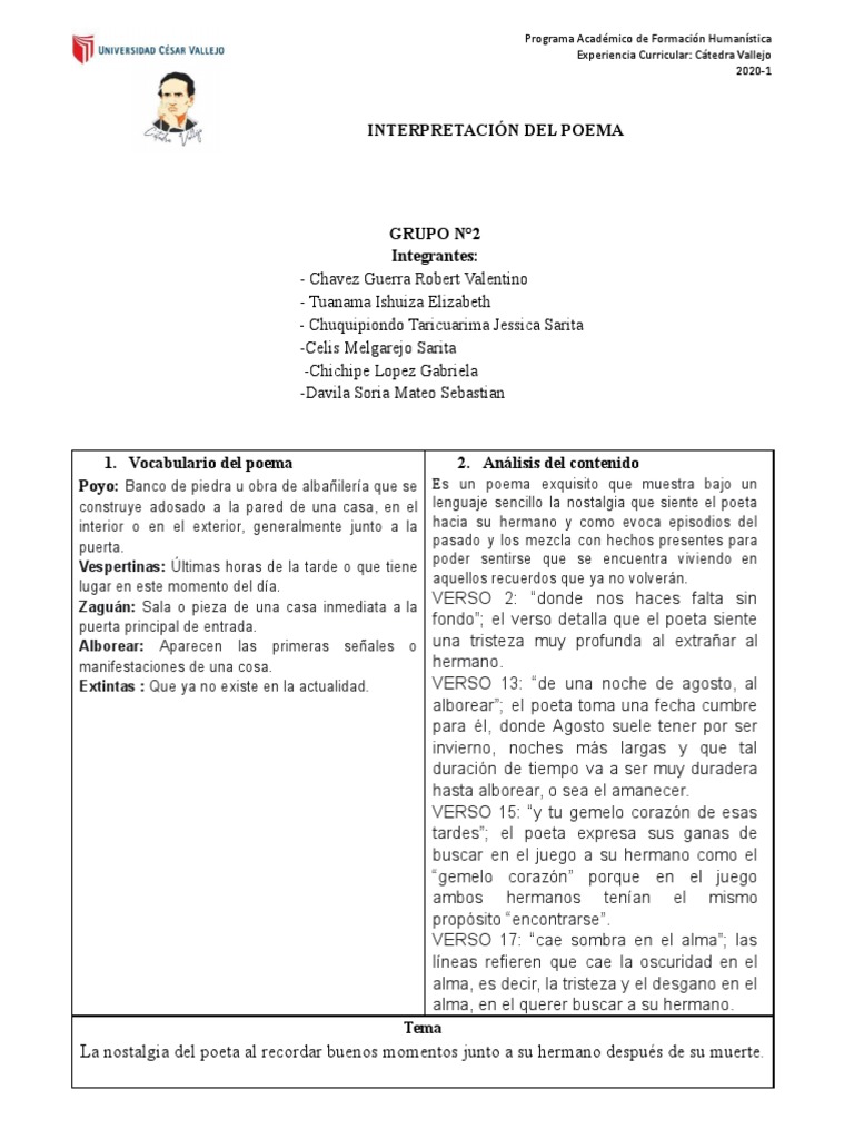ESQUEMA DE INTERPRETACIÓN DEL POEMA - Mi Hermano Miguel | PDF