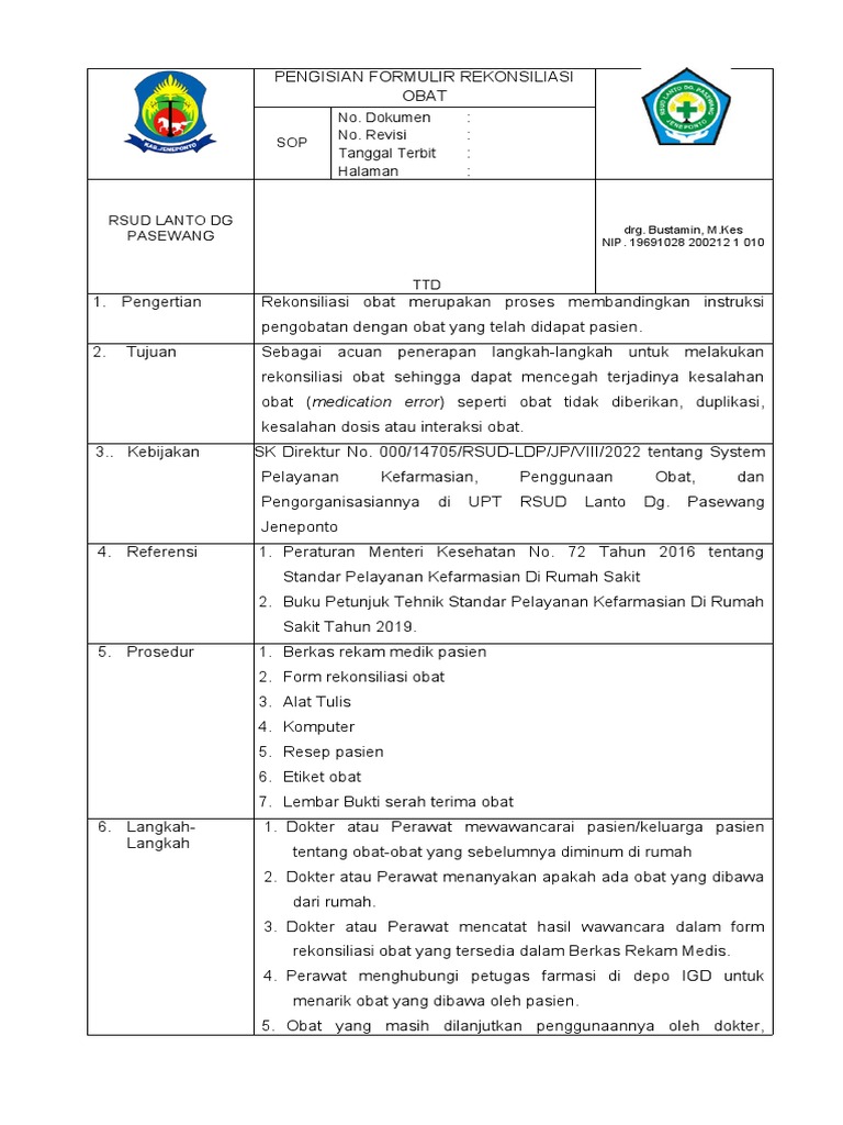 50-SOP PENGISIAN FORMULIR REKONSILIASI OBAT Fix | PDF | Kesehatan Holistik